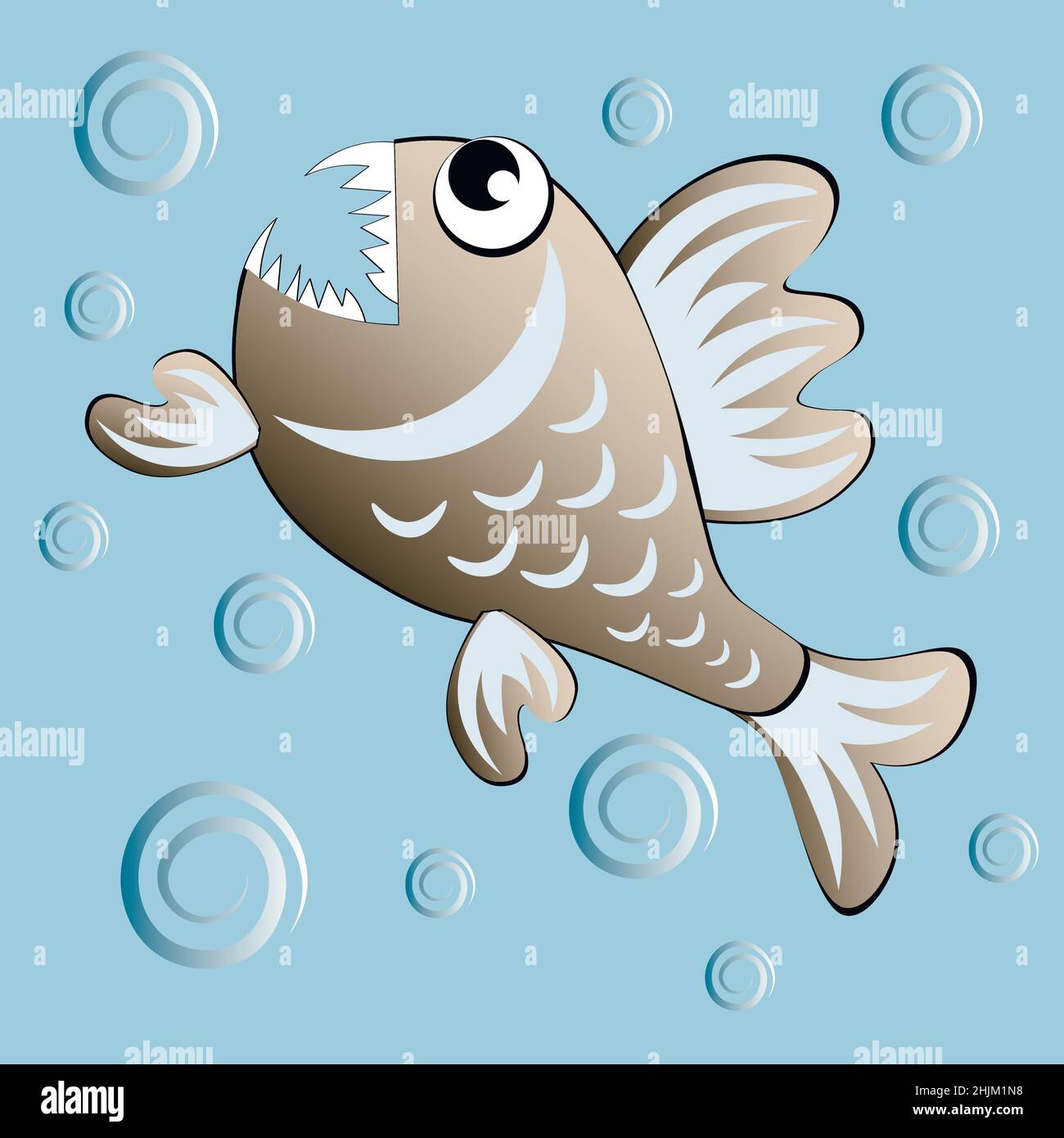 The illustration on a square background is a predatory evil piranha ...