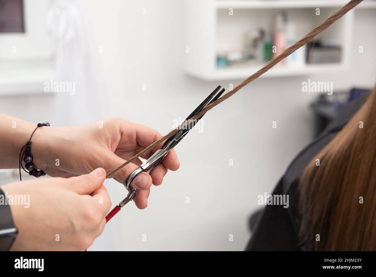 Professional hair stylist holding comb and hot thermal scissors cutting ...