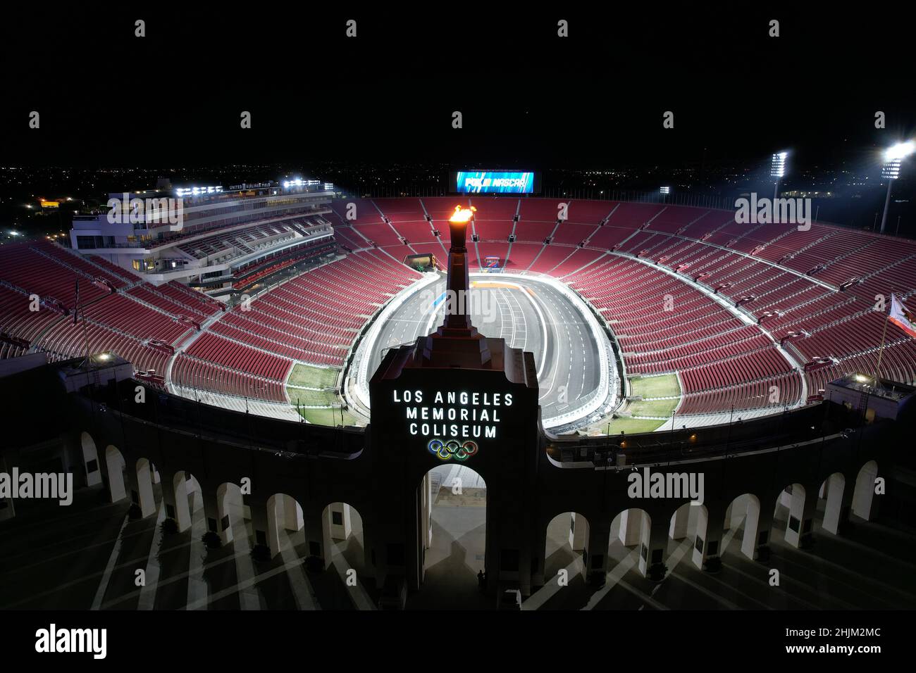 An aerial view of the temporary asphalt racetrack at the Los Angeles ...