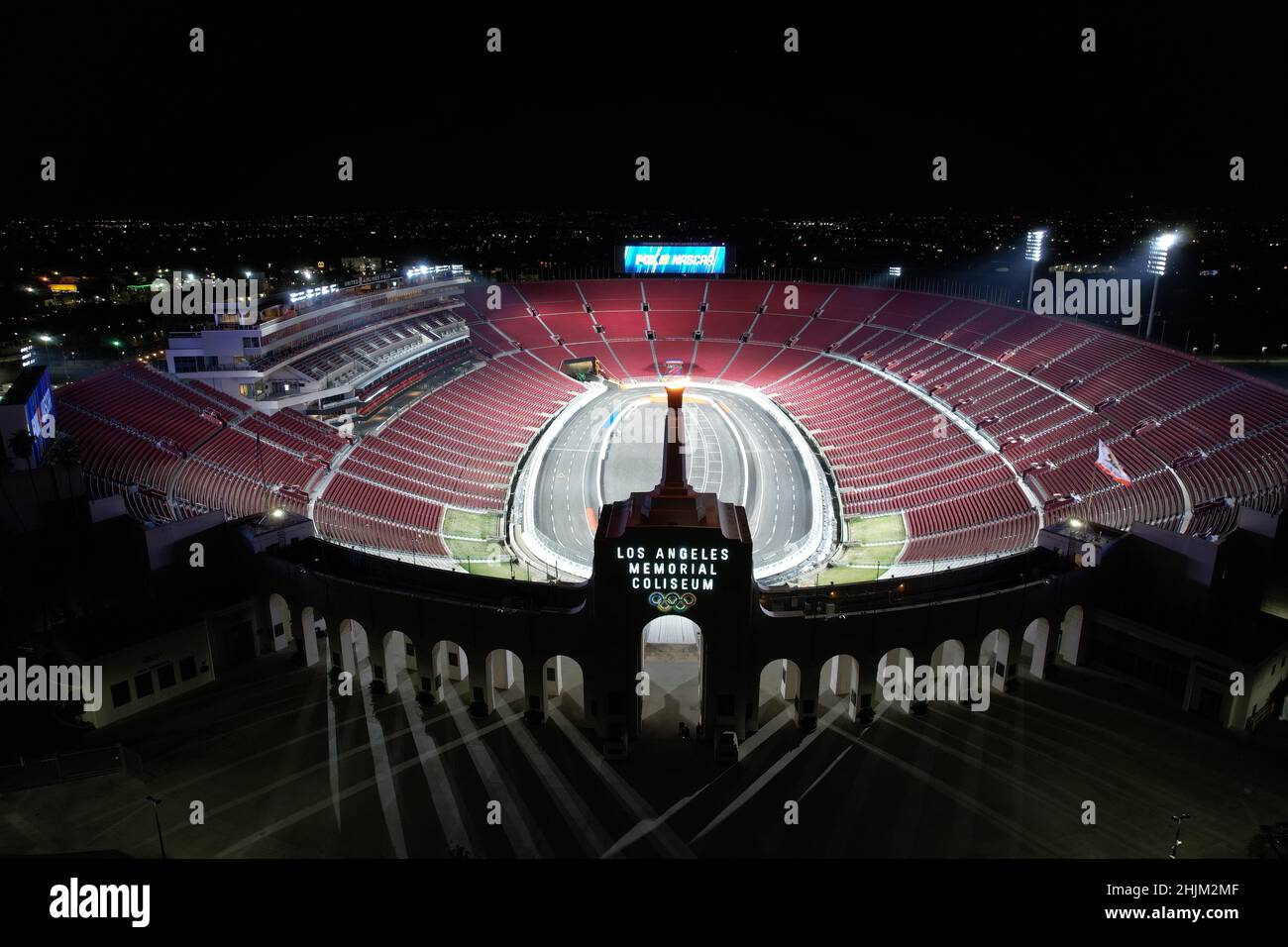 An aerial view of the temporary asphalt racetrack at the Los Angeles ...