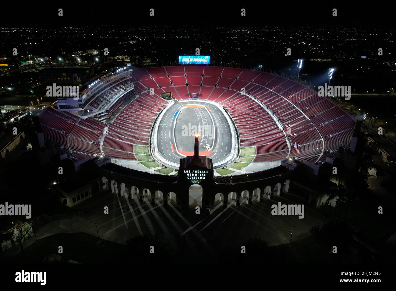 An aerial view of the temporary asphalt racetrack at the Los Angeles ...