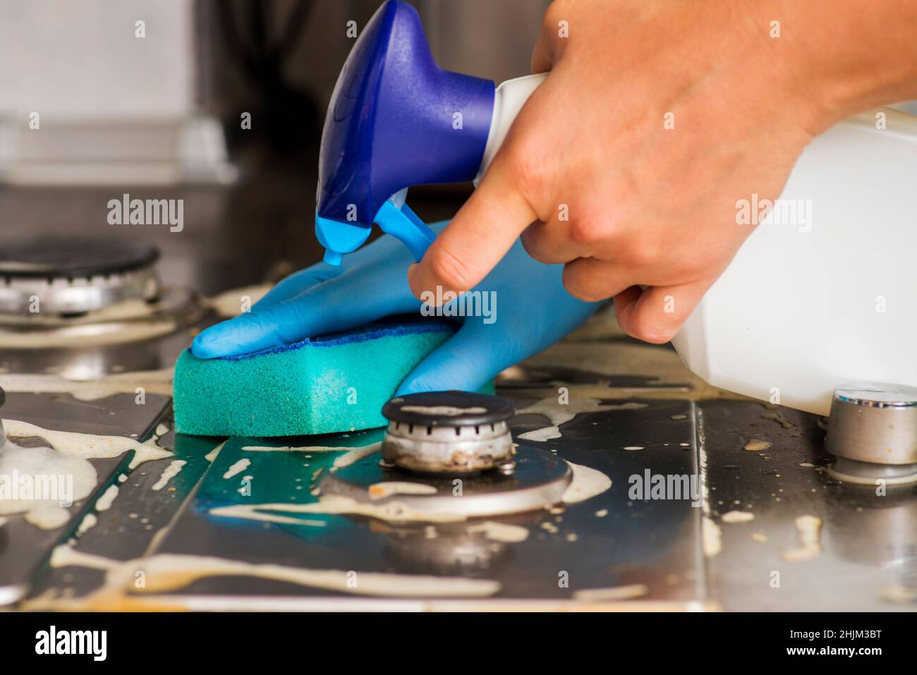 Female hand cleaning gas stove using sponge and detergents. Cleaning a ...