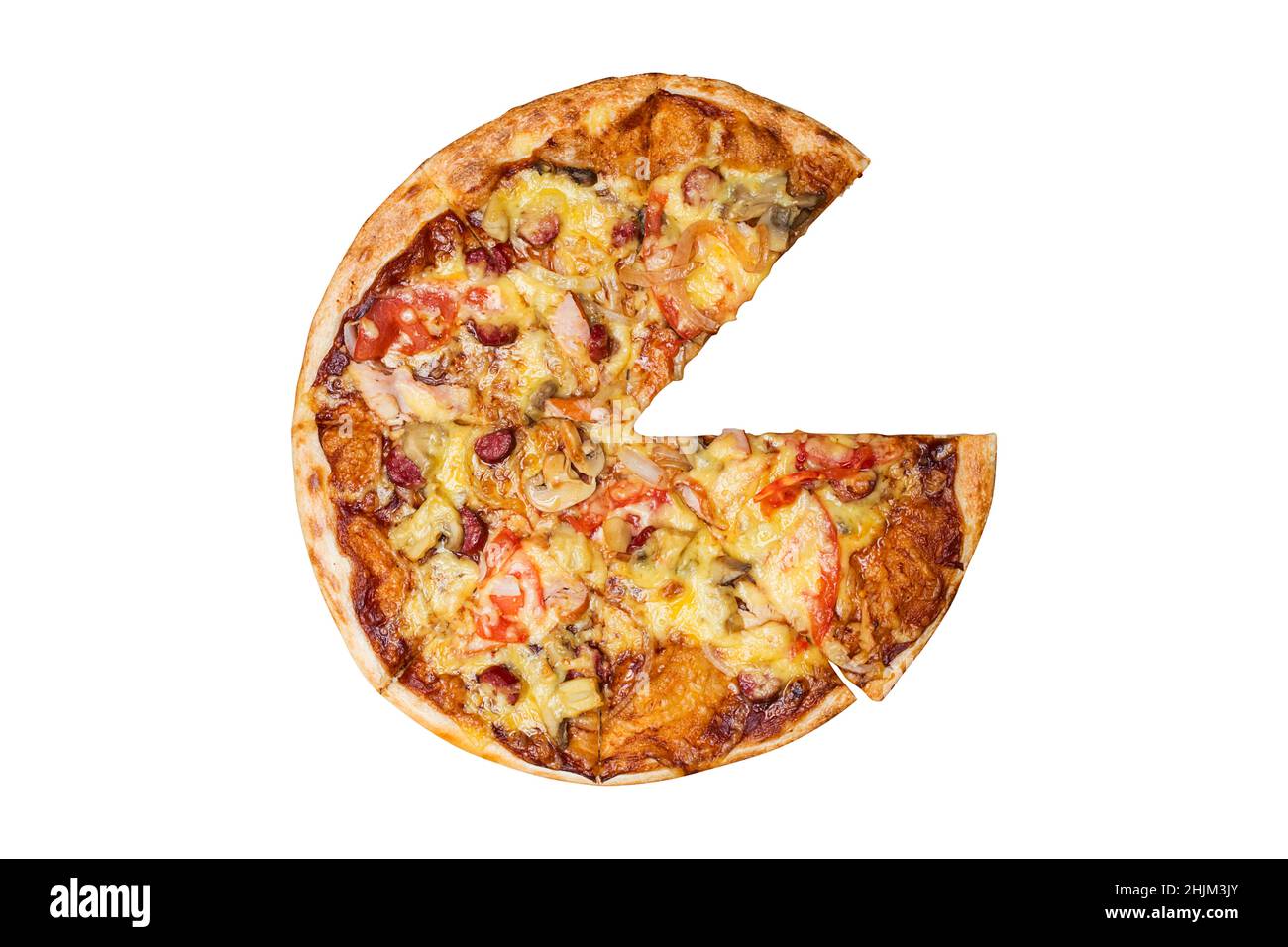 Ham, sausage and mushrooms pizza on white background. Recipe and menu ...