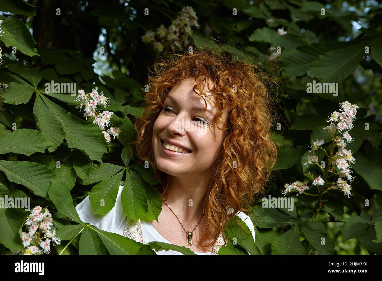 Portrait of beautiful red hair woman with beaming smile among the ...