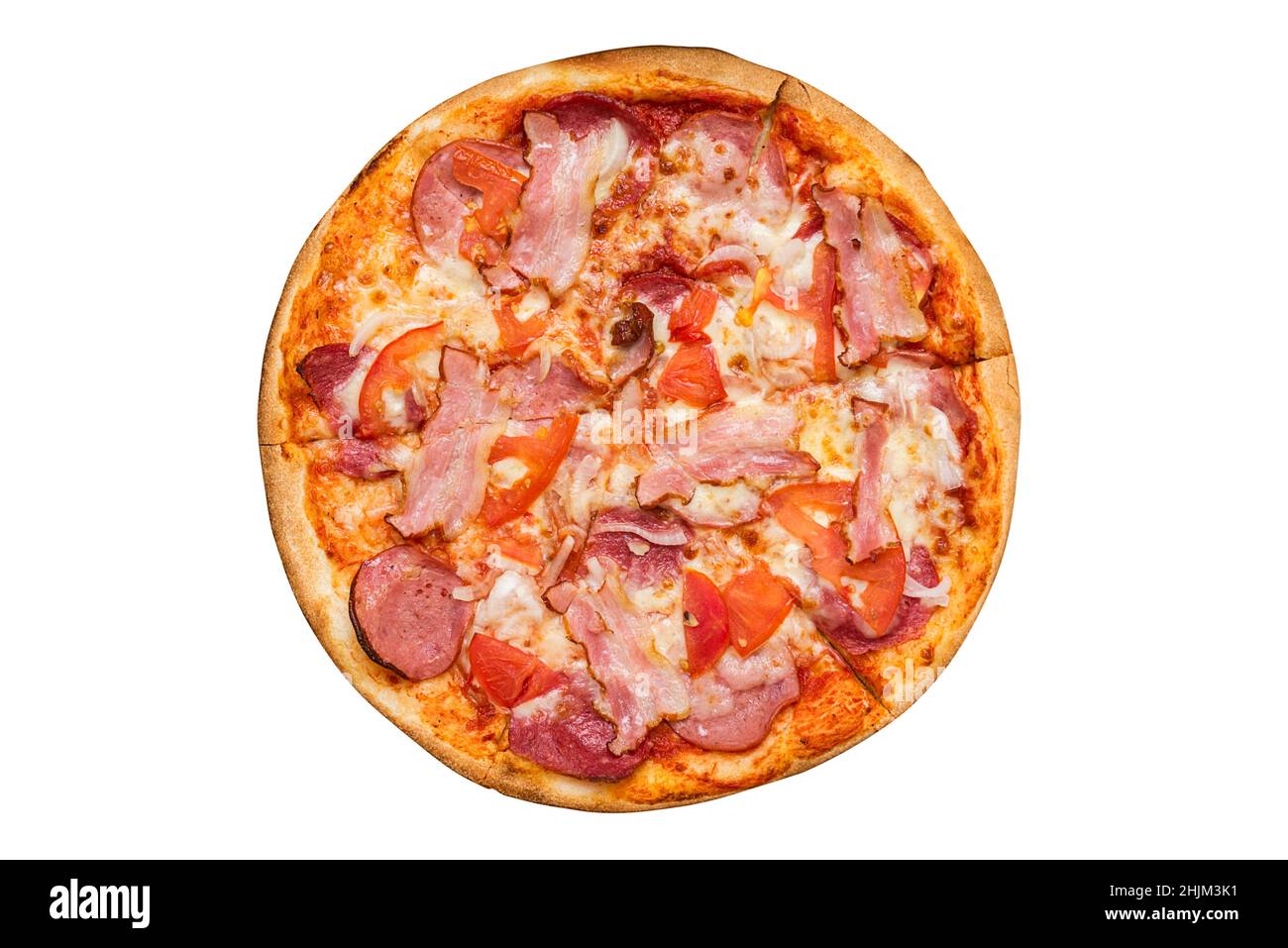 Ham and sausage pizza on white background. Recipe and menu. Top view ...
