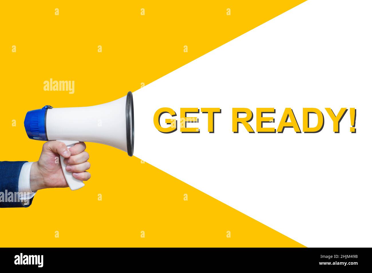 Man's Hand Holding Megaphone With Speech Bubble GET READY. Announcement ...