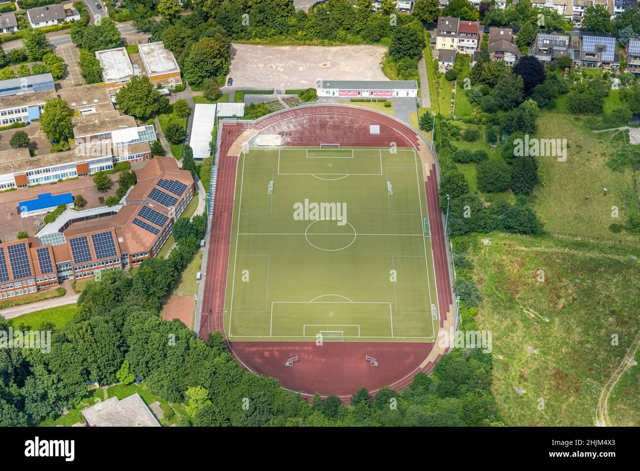 Aerial view, sports field school centre, Freiberg, Holzwickede, Ruhr ...