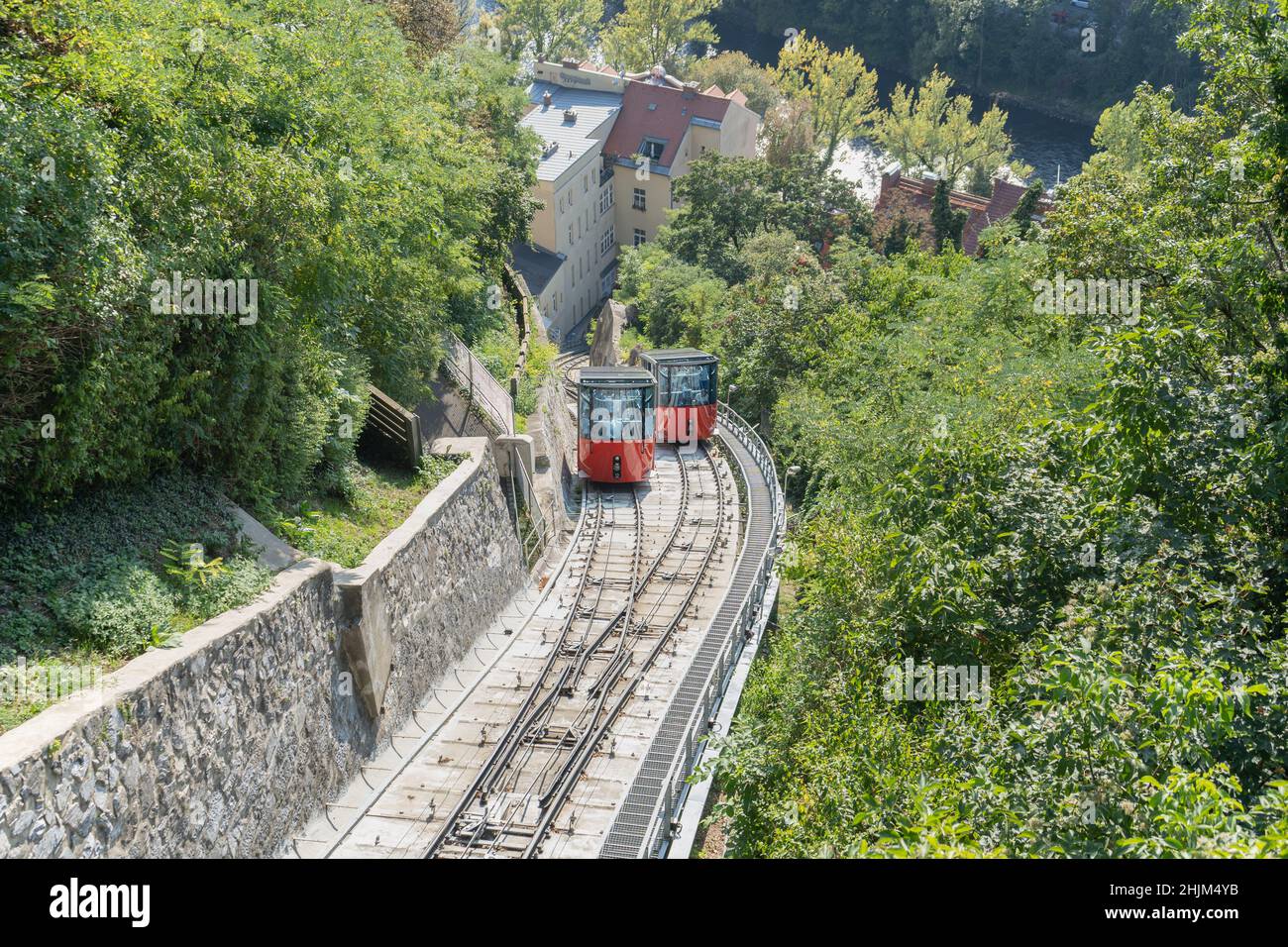 Graz, Austria - September 26, 2021:View of funicular railway climbing ...