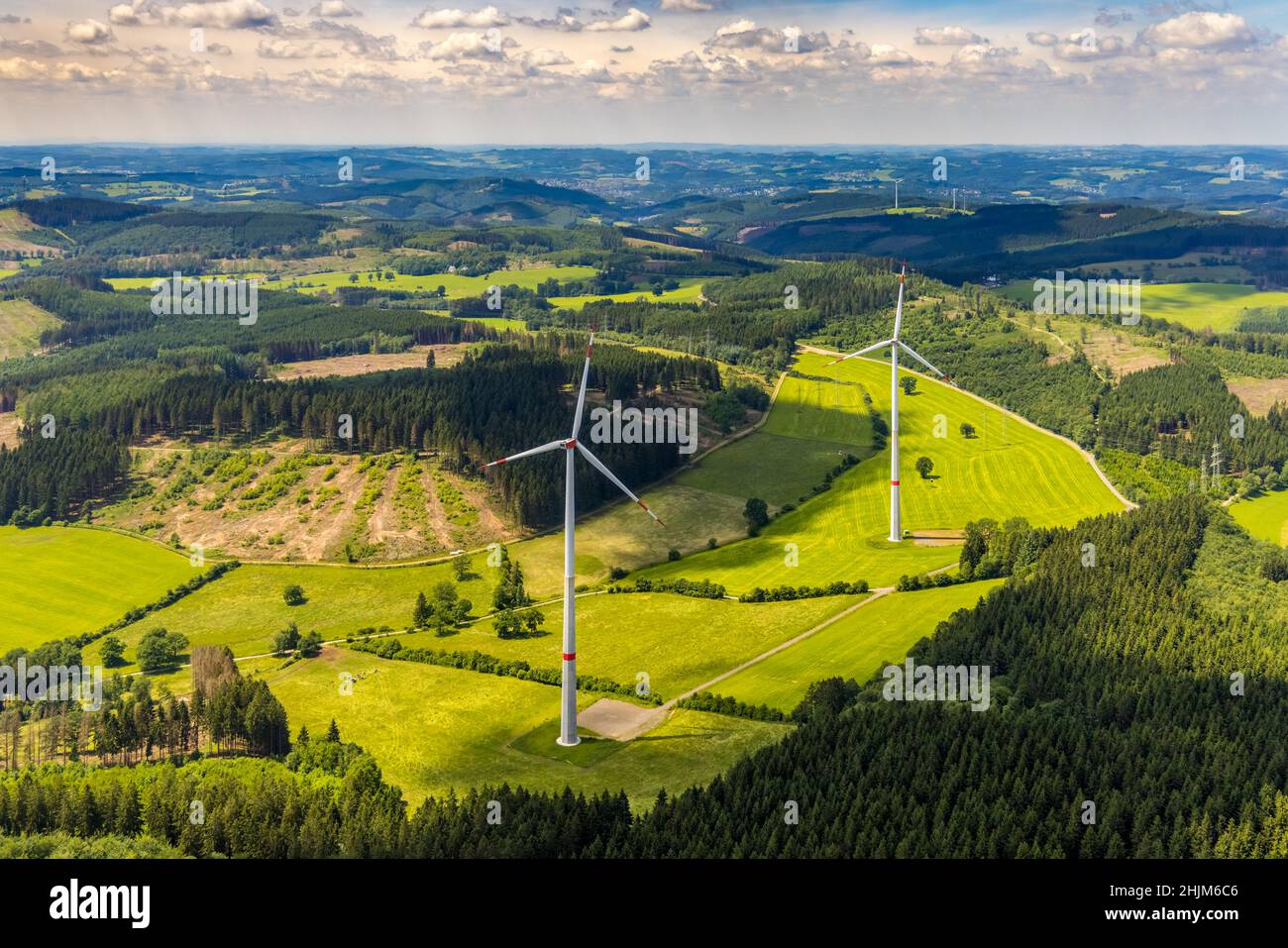 Aerial view, wind turbine at the Rahrbach, forest area with forest ...