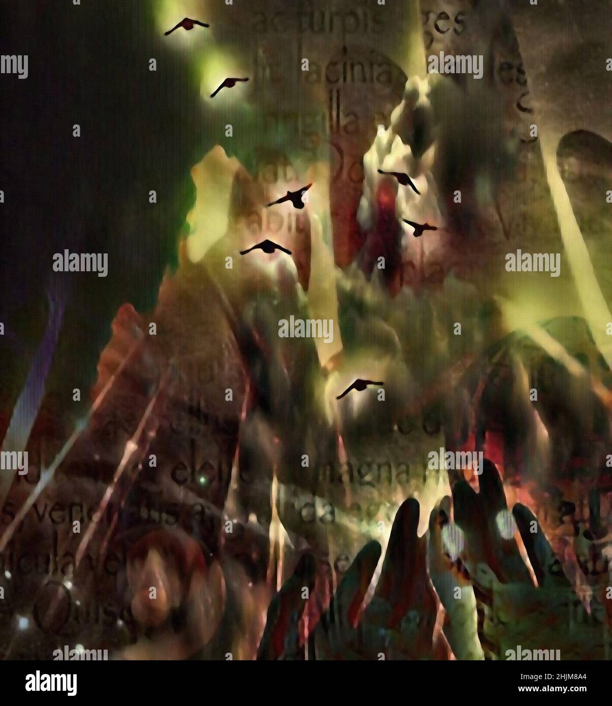 Surreal painting. Birds flies in the sky. Hands of a prayer. 3D ...