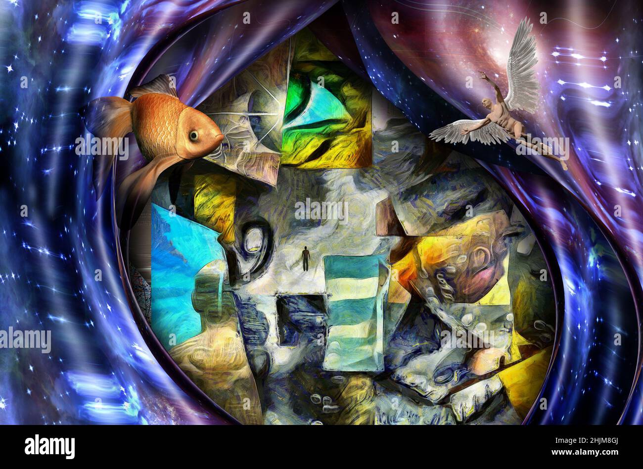 Complex surreal painting. Eye, pieces of puzzle, square elements, fish ...
