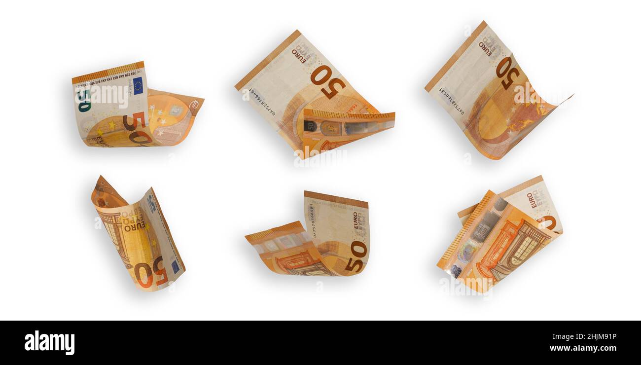 Flying 50 euro banknotes isolated on white background Stock Photo - Alamy