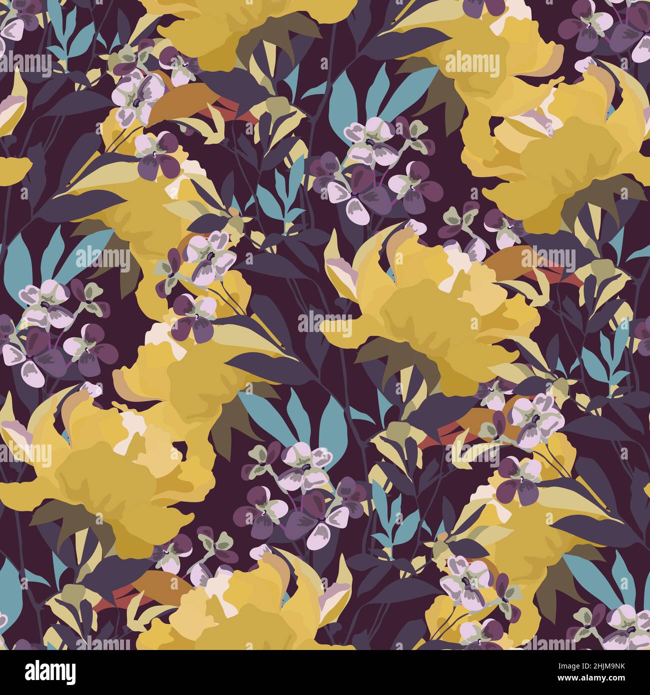 Vector floral seamless pattern. Yellow flowers isolated on a burgundy ...
