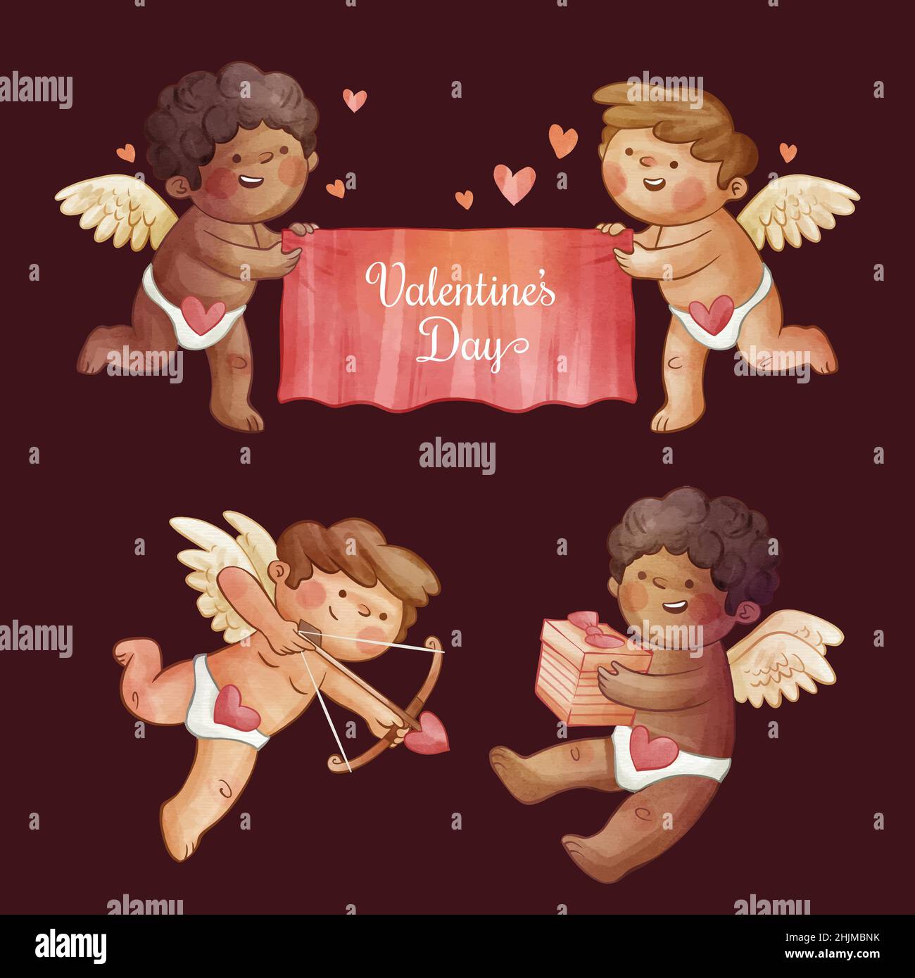 watercolor valentine day cupid characters collection design vector ...