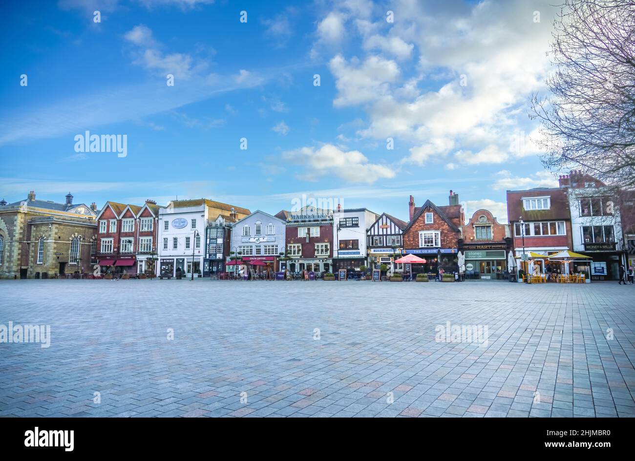 Salisbury England medieval city centre market square with a long row of ...