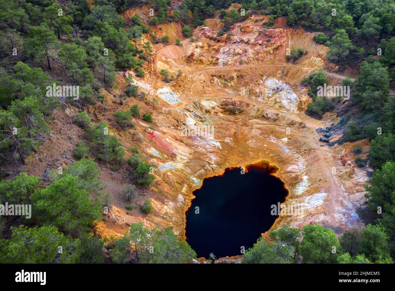 Abandoned open pit mine near Mathiatis, Cyprus. Aerial view on acidic ...