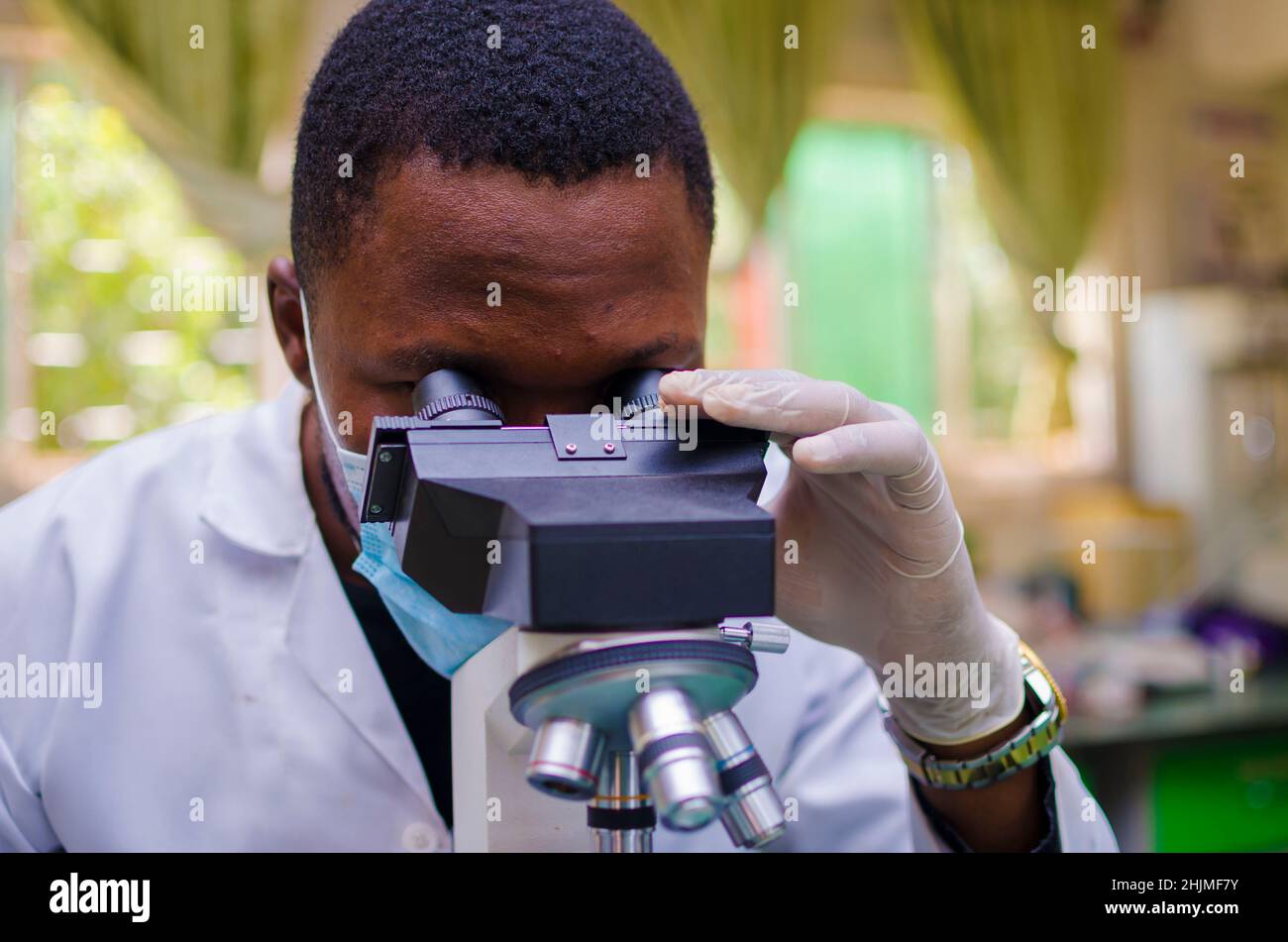 lab technician or scientists working in laboratory looking through ...