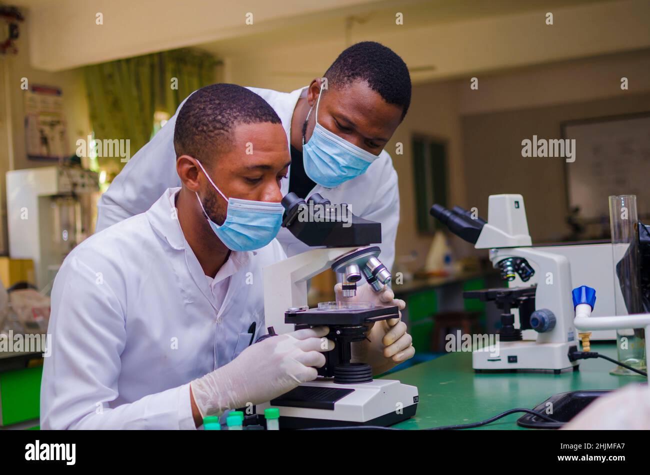 Scientists studying a virus ,looking through microscope Stock Photo - Alamy