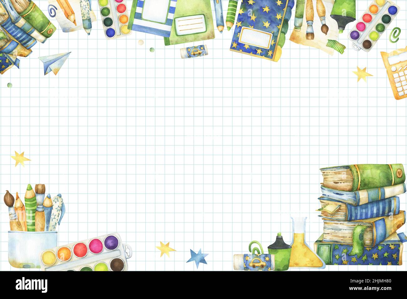 School and study related banner with watercolor clip art arrangement ...