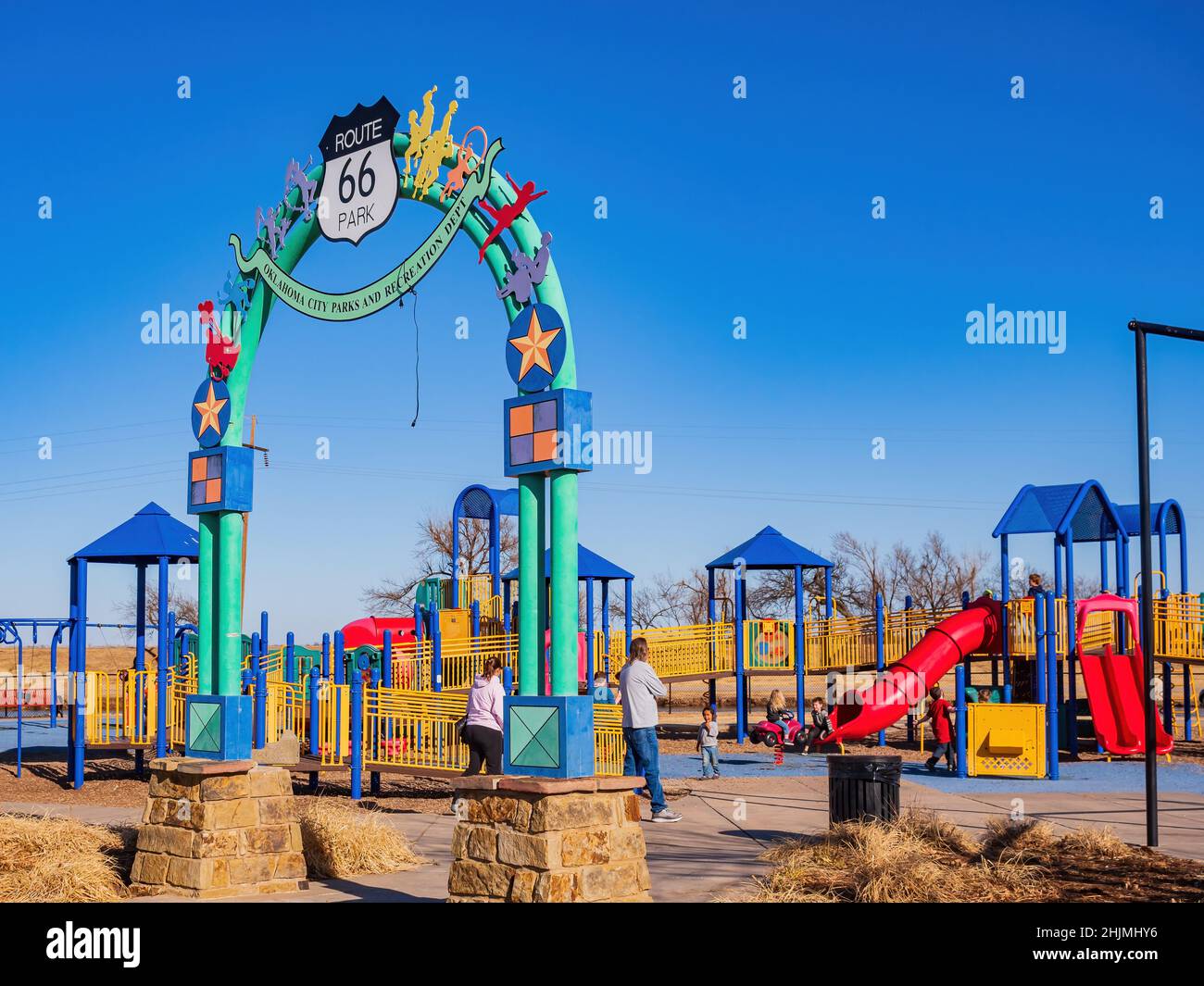 Oklahoma, JAN 24 2022 - Sunny view of the playground in Route 66 Park ...