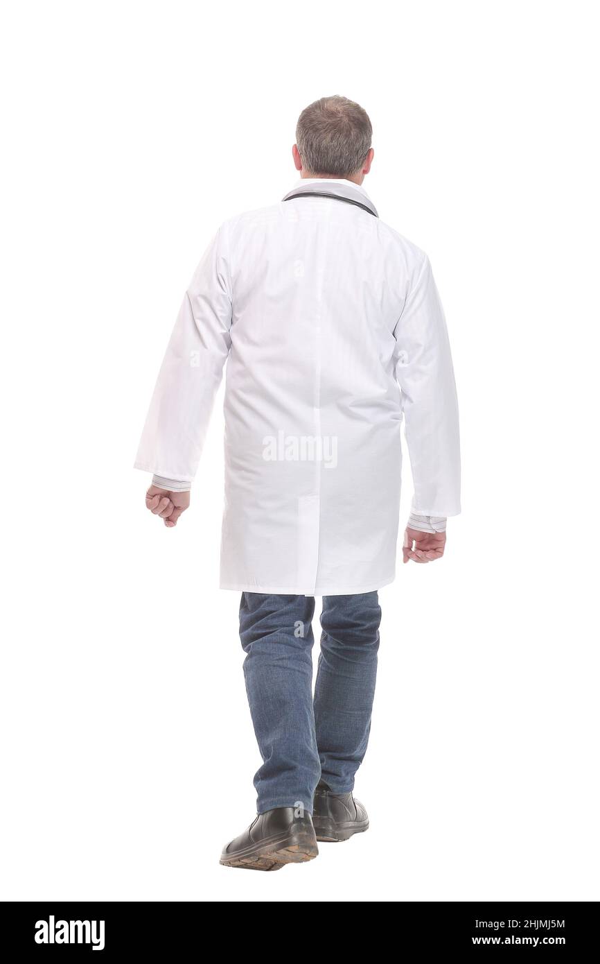 Back view of walking doctor in a robe hurrying to help the patient ...