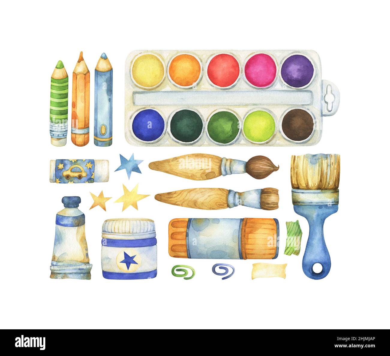 Set of fun, whimsical watercolor clipart, school, art, craft ...