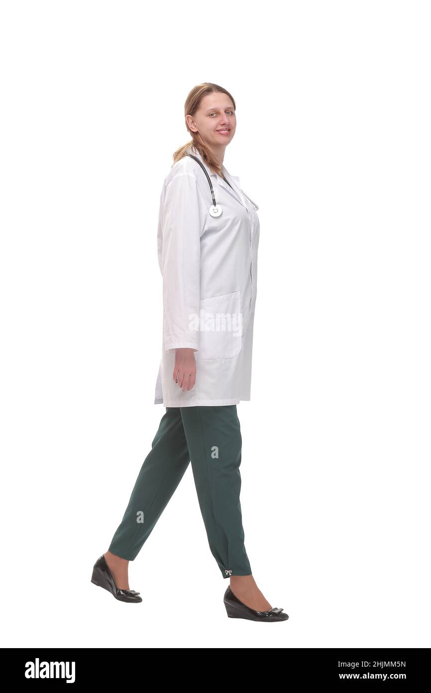 Full length portrait of medical doctor woman going sideways Stock Photo ...