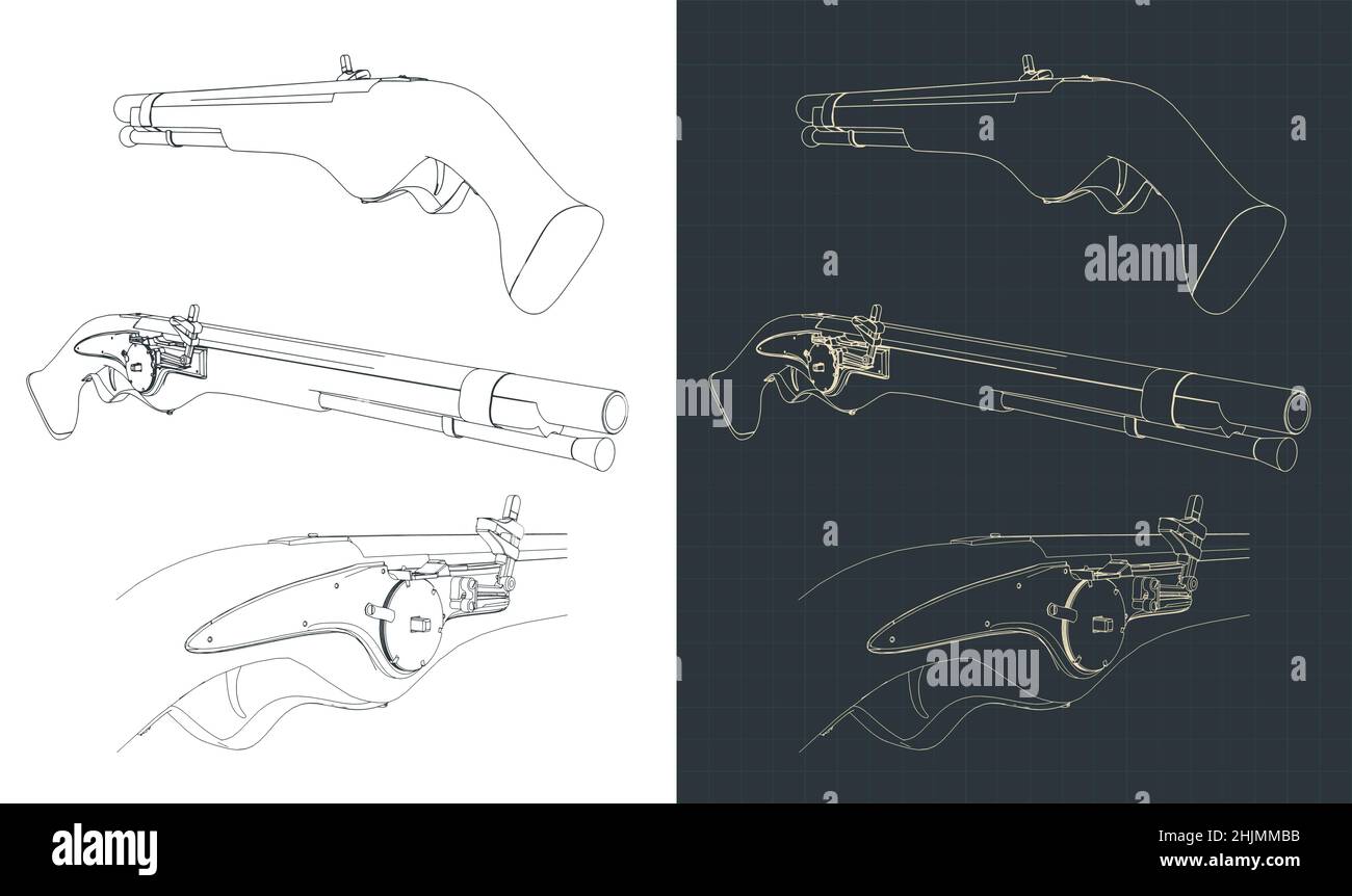 Stylized vector illustration of drawings of ancient wheellock pistol ...