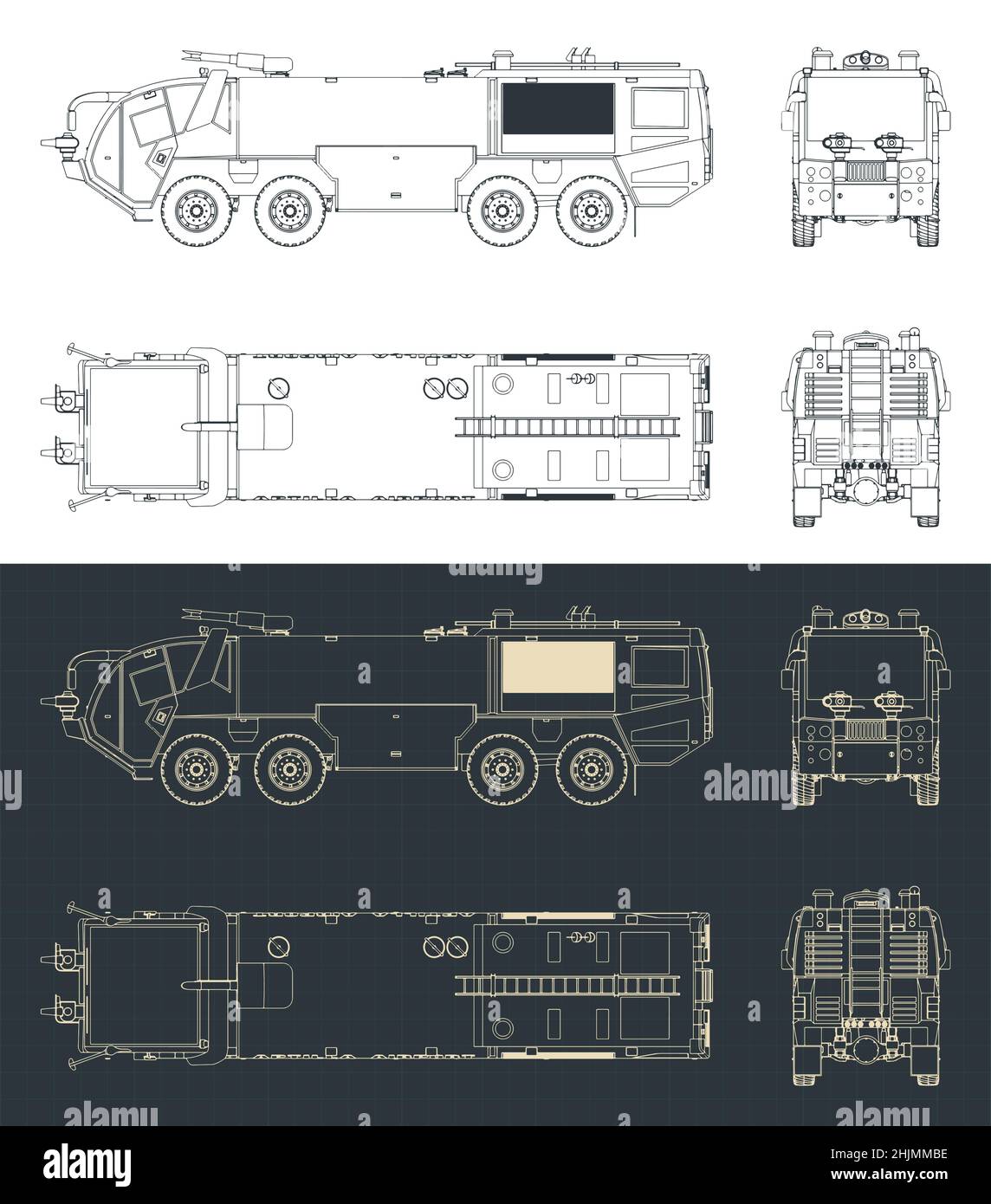 Stylized vector illustrations of blueprints of airport fire truck Stock ...