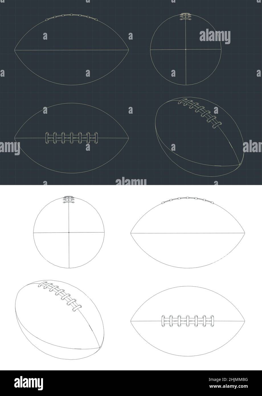Stylized vector illustrations of blueprints of american football ball ...