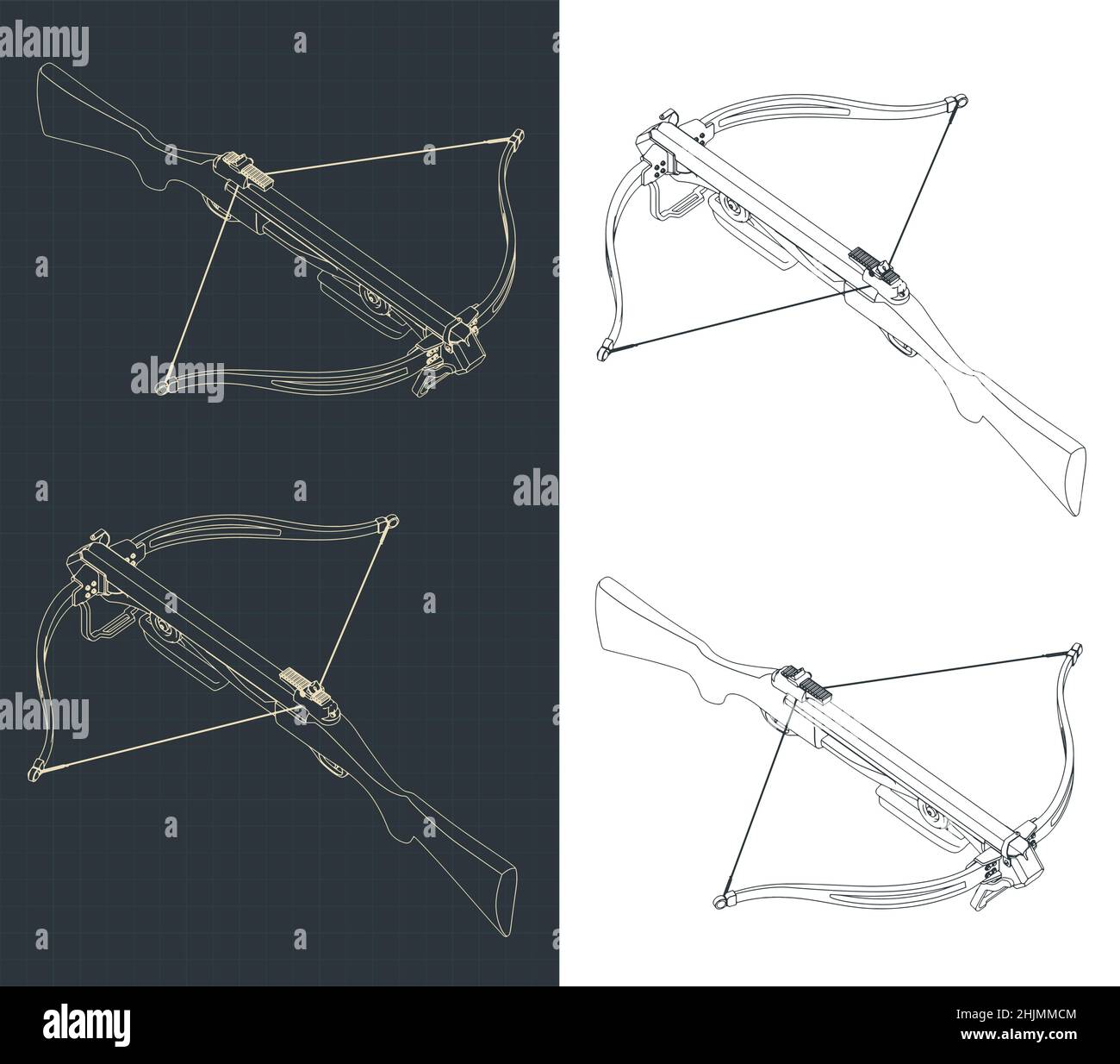 Stylized vector illustration of isometric blueprints of crossbow Stock ...