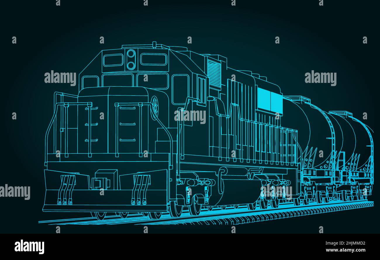 Stylized vector illustration of a freight locomotive with tank wagons ...