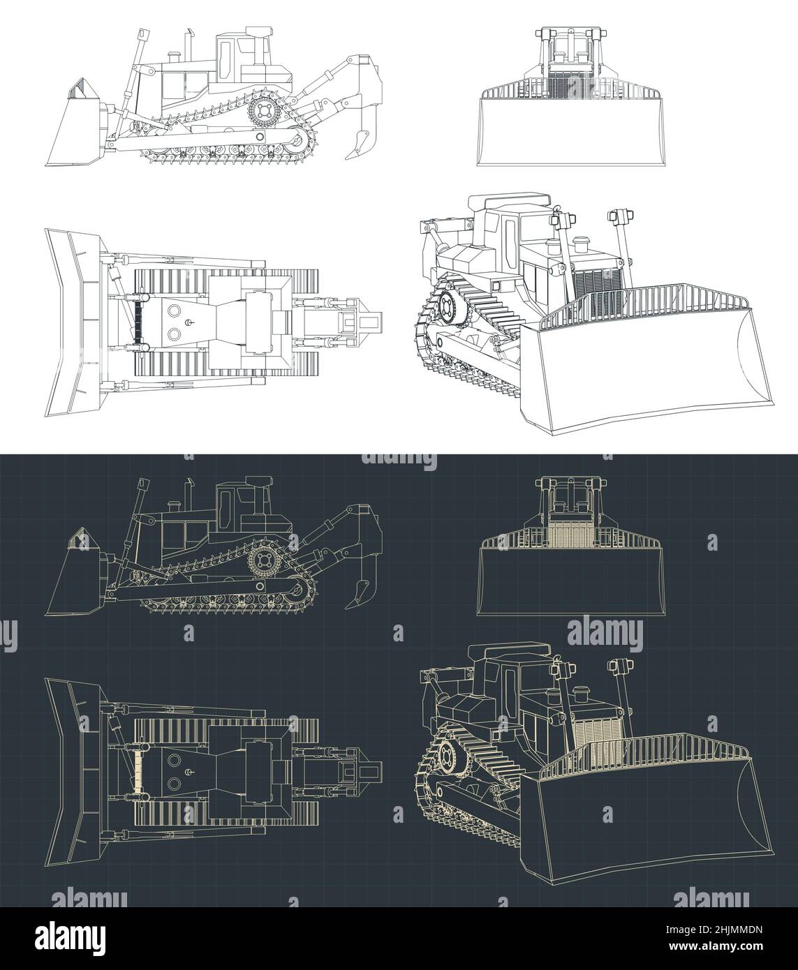 Stylized vector illustration of blueprints of crawler bulldozer Stock ...