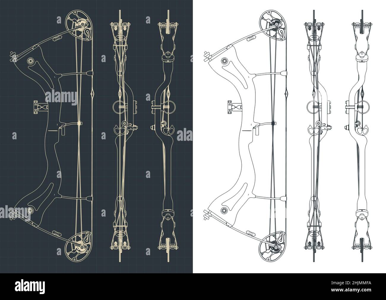 Stylized vector illustrations of blueprints of a compound hunting bow ...