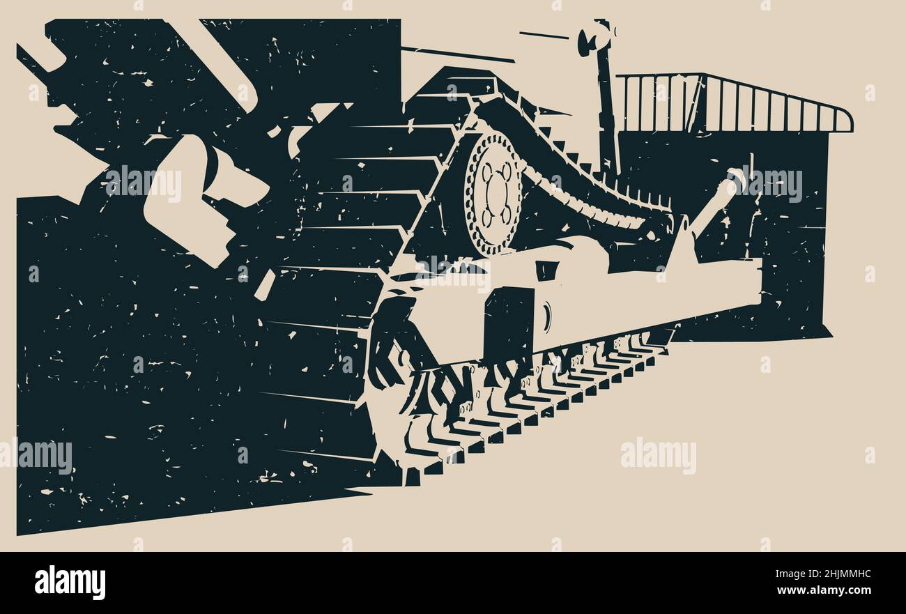 Stylized vector illustration of crawler bulldozer retro poster template ...