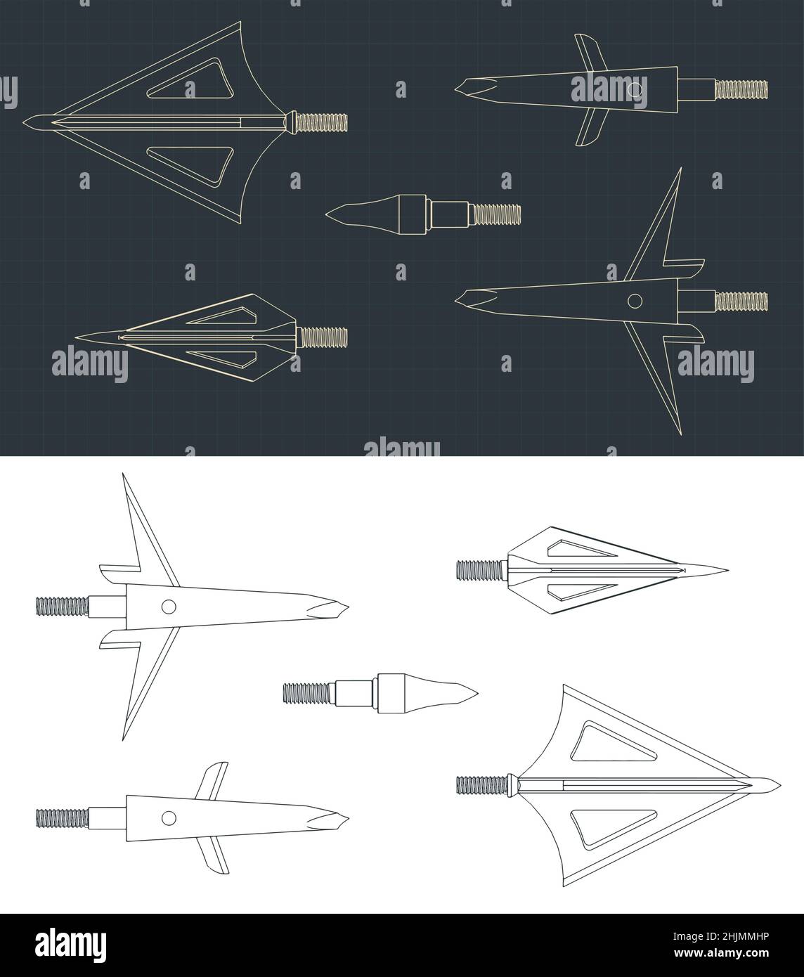 Stylized vector illustration of blueprints of hunting arrowheads Stock ...