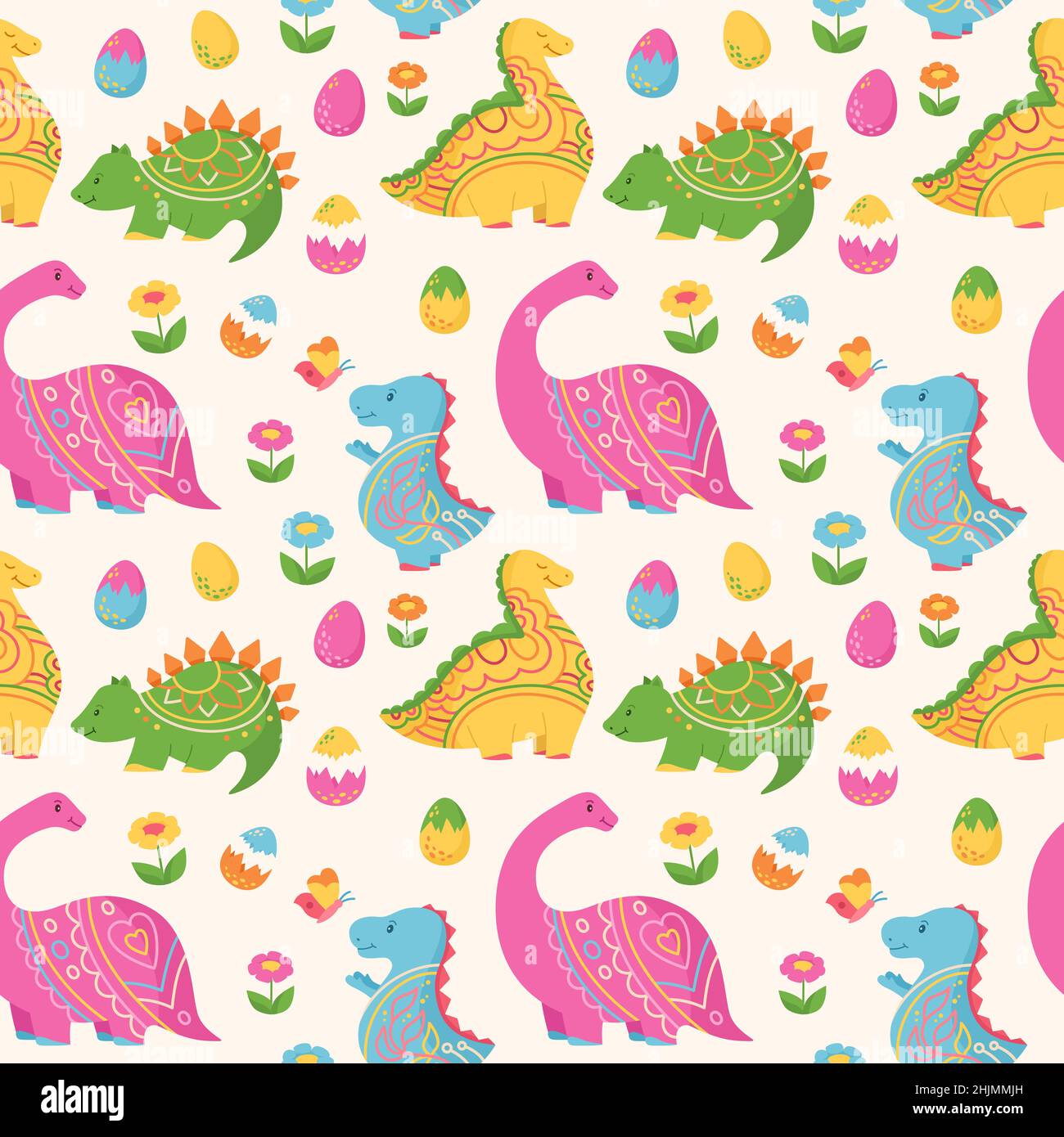 Dinosaur doodle cute seamless pattern. Dino reptile childish character boundless ornament ...