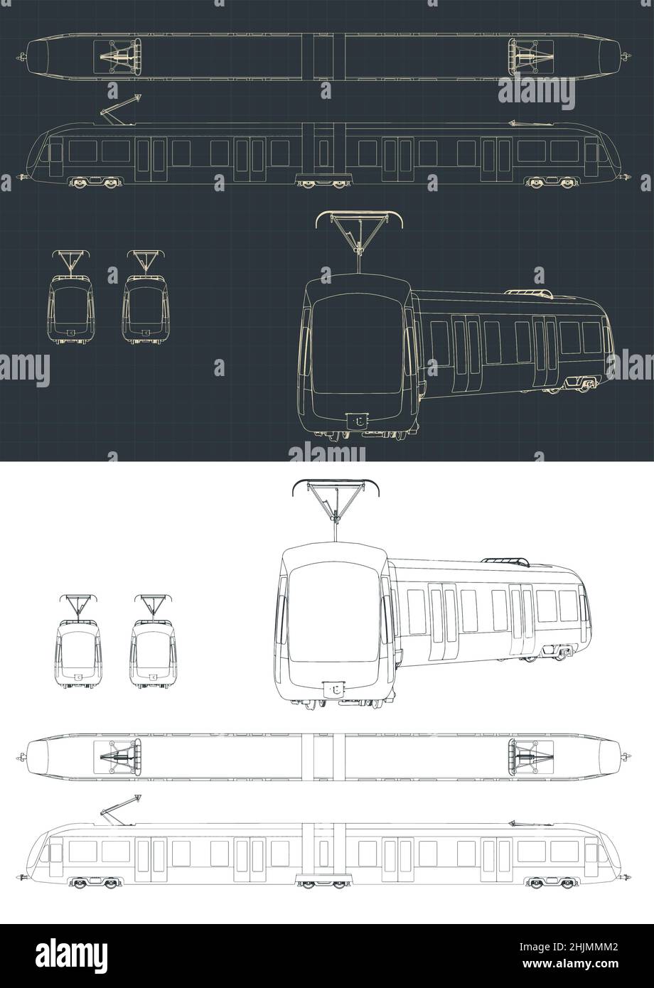 Stylized vector illustrations of blueprints of a modern tram Stock ...