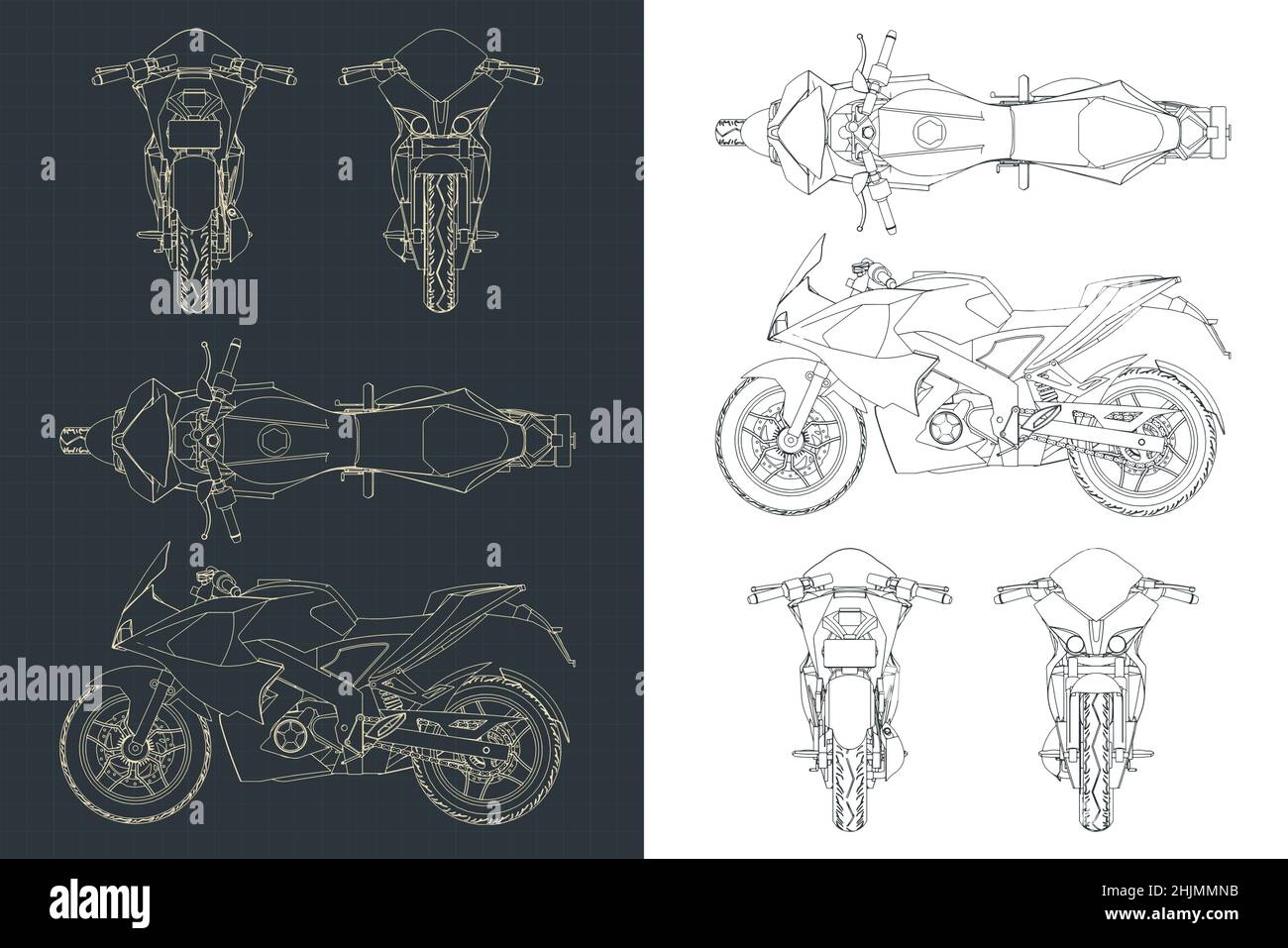 Stylized vector illustration of blueprints of sports motorcycle Stock ...