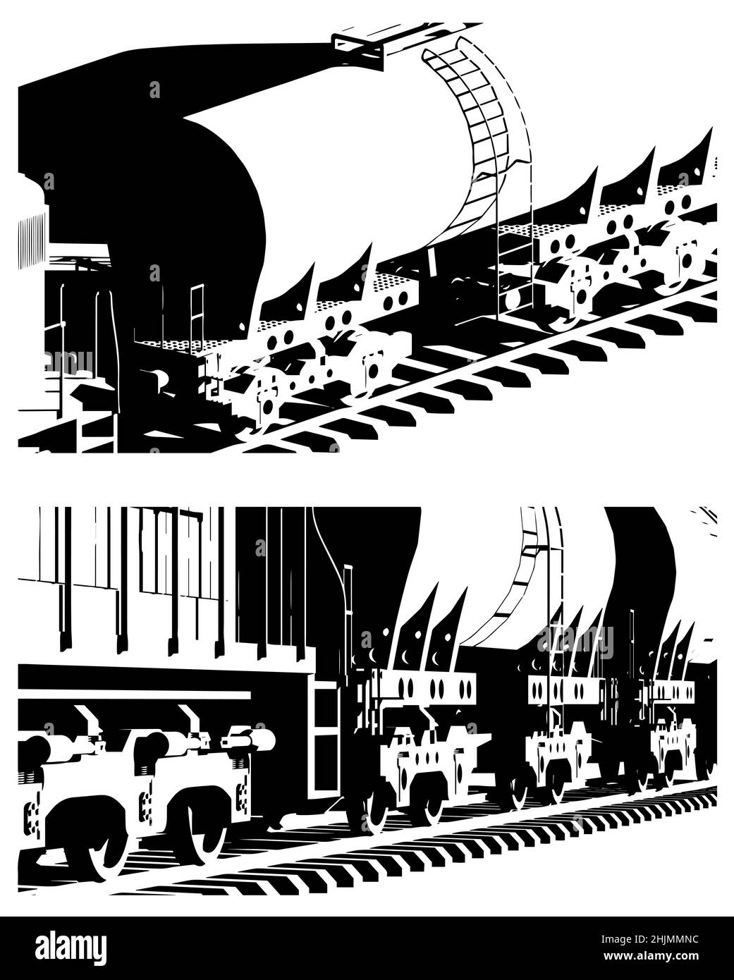 Stylized vector illustration of a freight locomotive with tank wagons ...