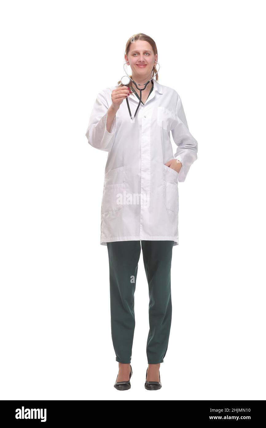 Portrait of beautiful female doctor holding stethoscope head ready to ...