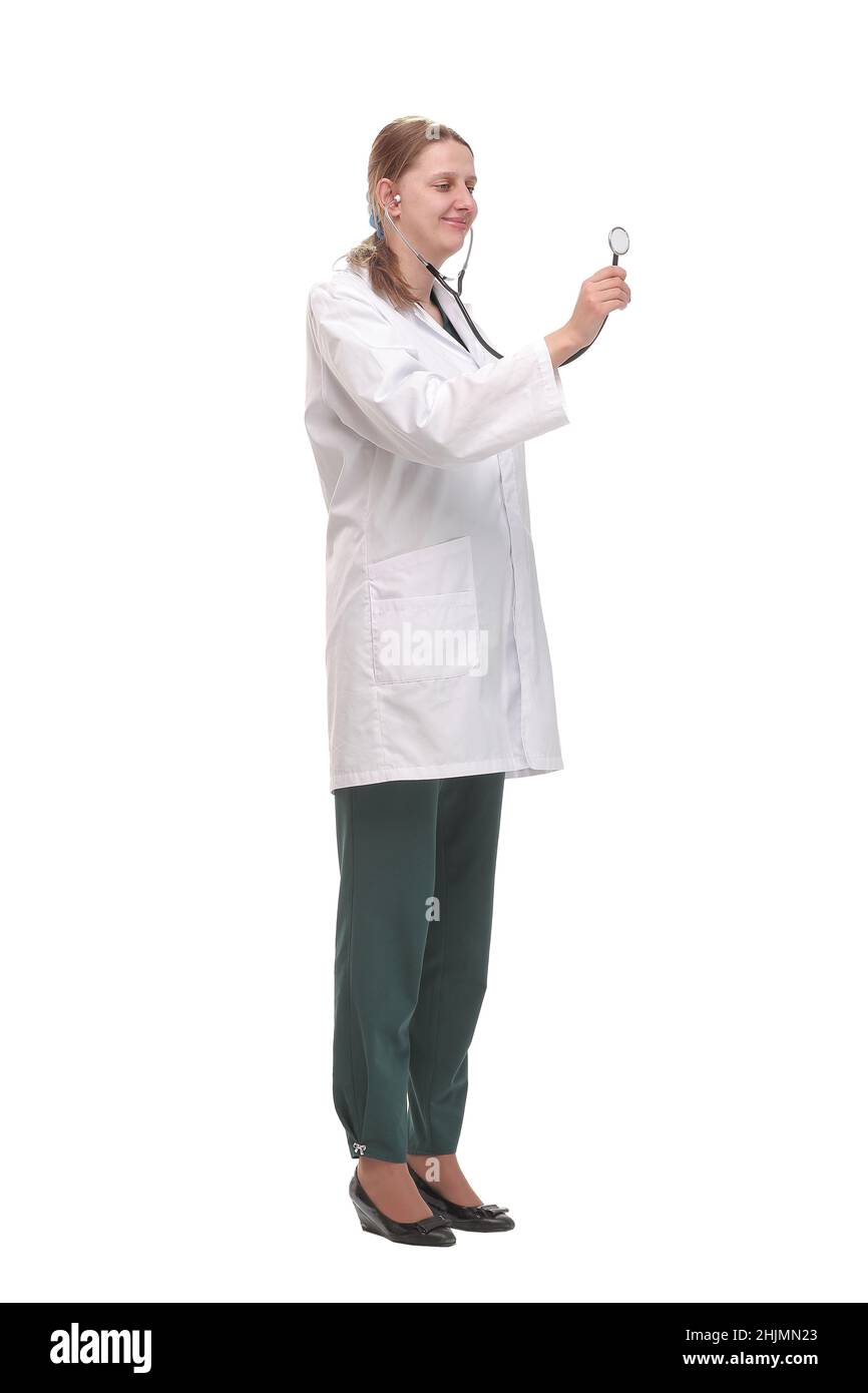 Side view of female doctor with a stethoscope listening Stock Photo - Alamy