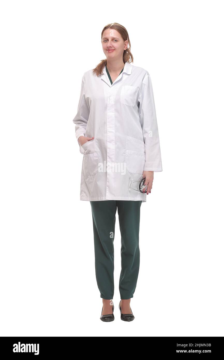 Full length of a female doctor standing against isolated white ...