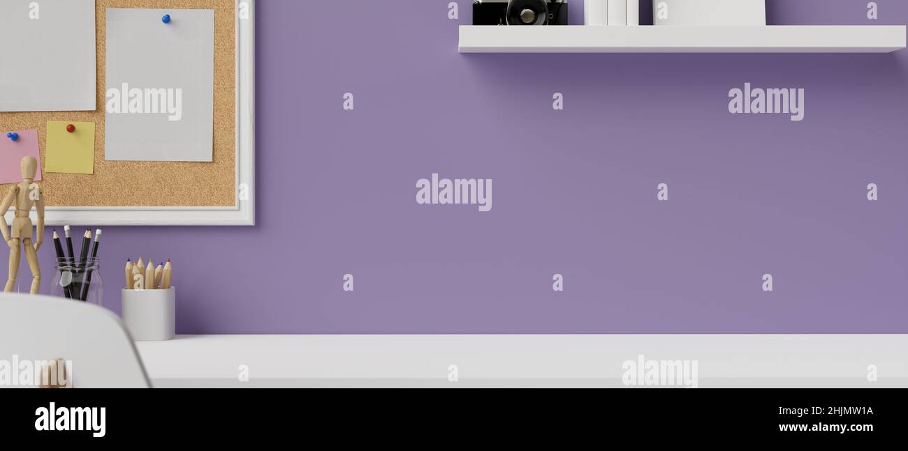 Modern stylish workstation or home office desk in purple room with ...