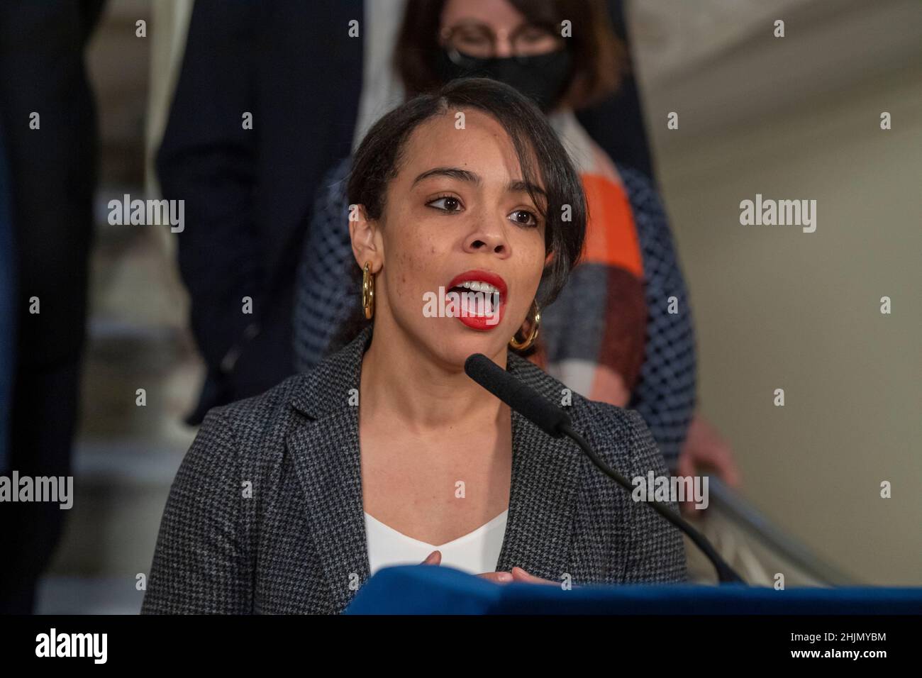 NEW YORK, NY – JANUARY 30: NYC Council Member Pierina Ana Sanchez speaks at a press conference ...
