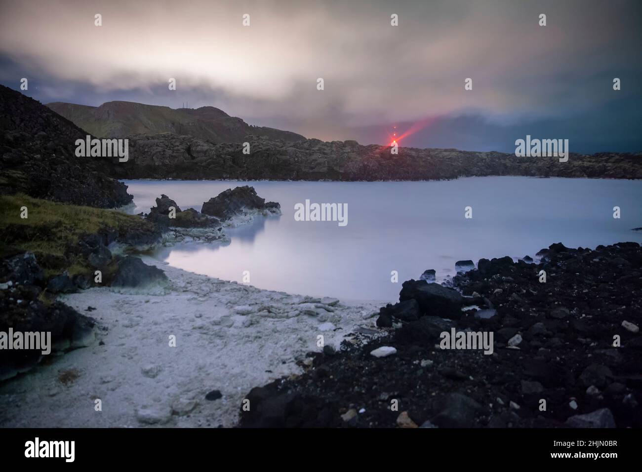 The Blue Lagoon in Iceland at night,located near the town of Grindavik ...