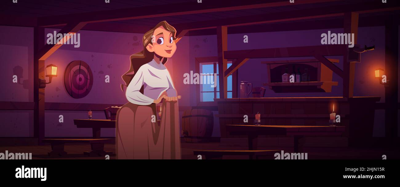 Girl waitress in old tavern with wooden bar counter, shelf with bottles ...