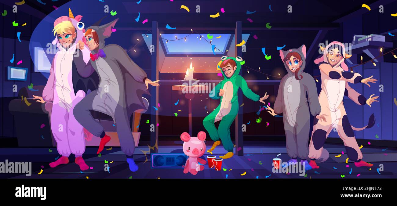People dance on pajama party on house attic. Vector cartoon ...