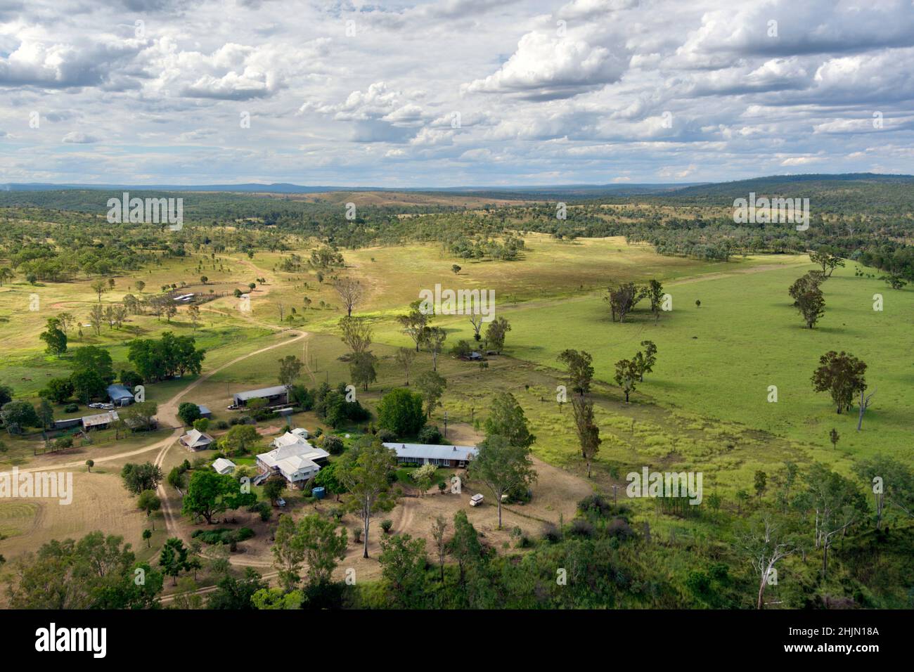 Aerial of the historic Archer Brothers Homestead on the banks of the ...
