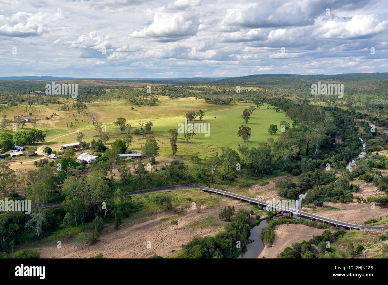 Aerial of the historic Archer Brothers Homestead on the banks of the ...